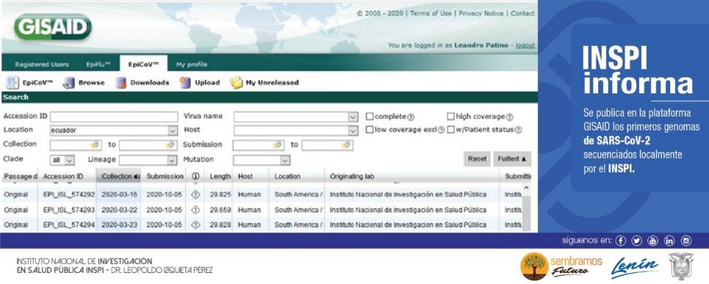 INSPI reporta en la plataforma GISAID primeros genomas DE SARS-COV-2 ...